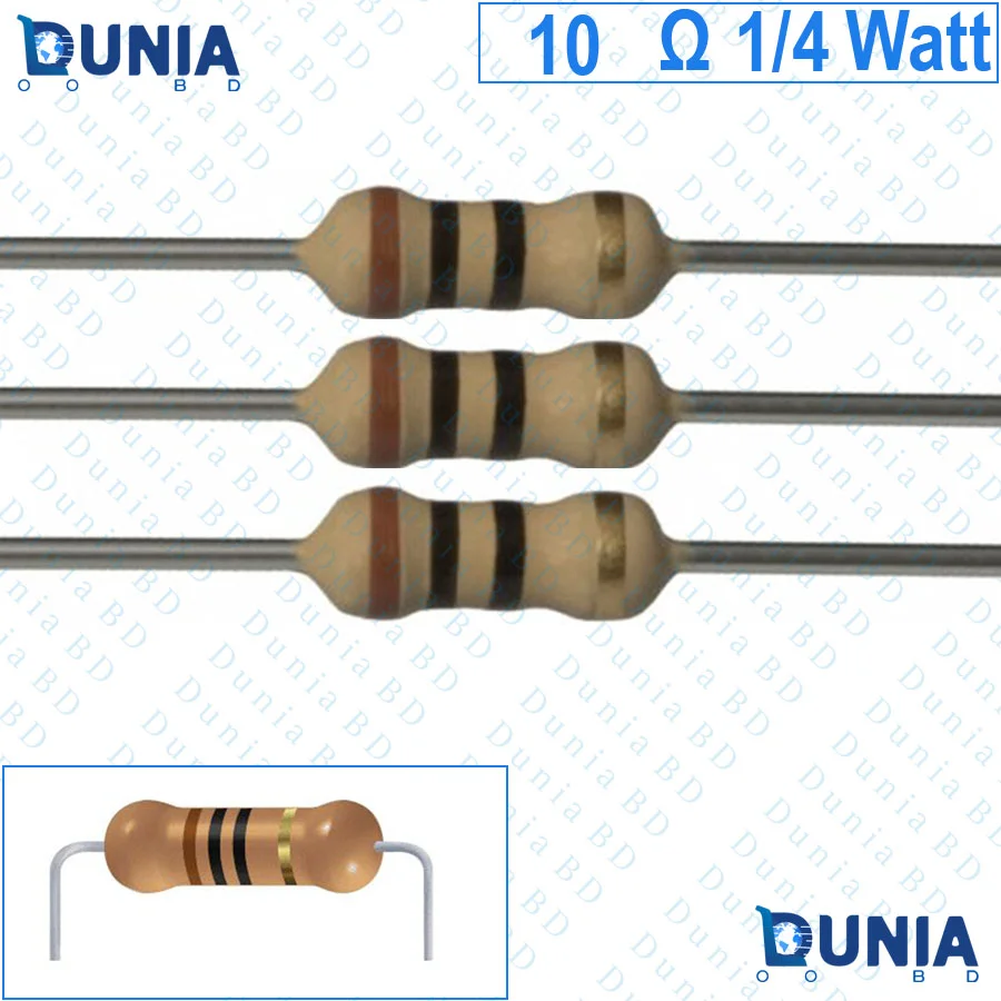 10 ohm 1/4 watt Quarter watt Resistor ±5% 10Ω 10 ohms Carbon Film ...