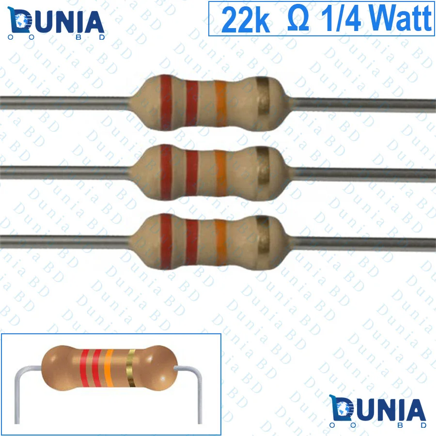 22k ohm 1/4 watt Quarter watt Resistor ±5% 22kΩ 22 Kohms 22000 ohms Carbon Film Resistance ...