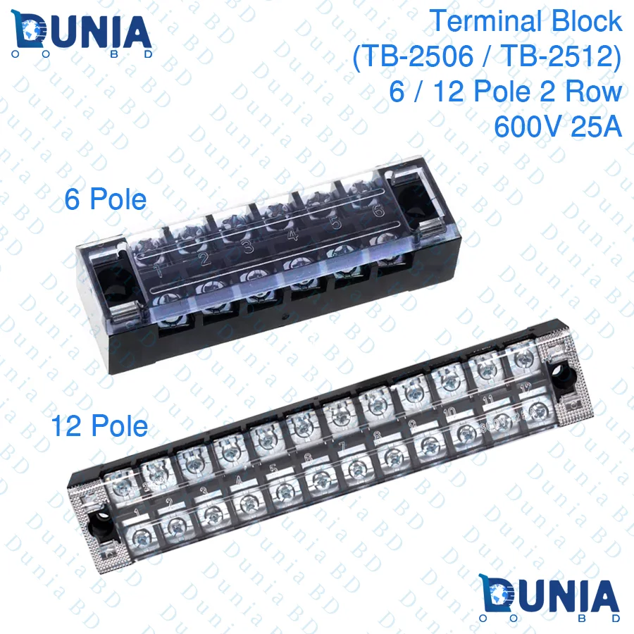 Terminal Block Dual Row Bus Bar 600V 25A Power Distribution TB-2506 6Port TB-2512 12Port - Dunia ...