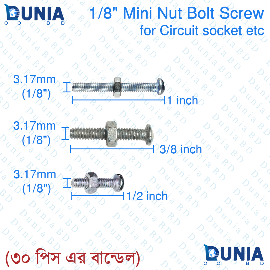 1/8" Inch Mini Screw with Nut length of 1/2, 3/4, 1 inch for Circuit ...