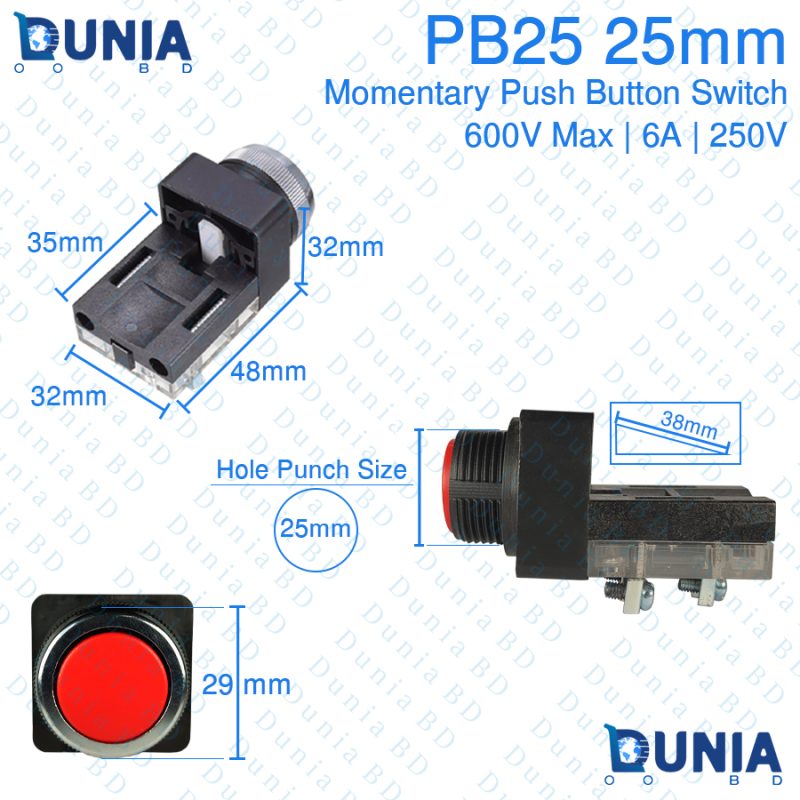 PB25 25mm Momentary Push Button Switch NO NC 4 PIN 600V 250Volt 6A - Dunia.com.BD